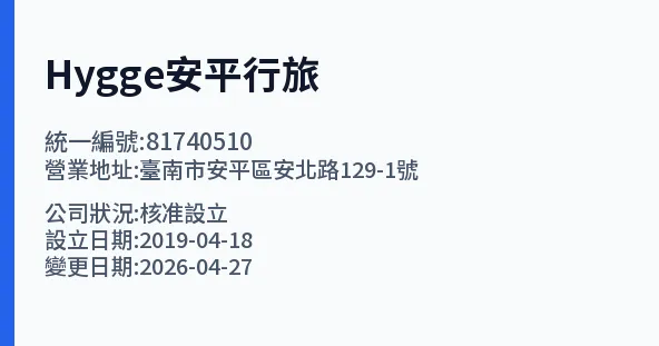Hygge安平行旅的照片-統編 81740510(臺南市) 公司登記資料與營業項目詳細圖表