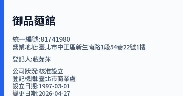 御品麵館的照片-統編 81741980(臺北市) 公司登記資料與營業項目詳細圖表