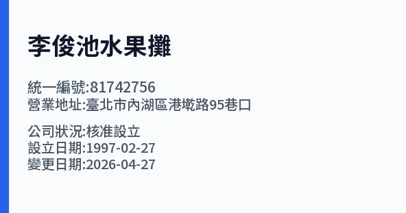 李俊池水果攤的照片-統編 81742756(臺北市) 公司登記資料與營業項目詳細圖表