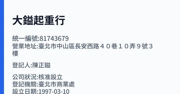 大鎰起重行的照片-統編 81743679(臺北市) 公司登記資料與營業項目詳細圖表