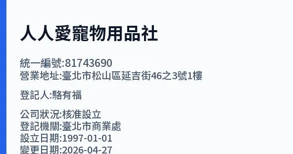 人人愛寵物用品社的照片-統編 81743690(臺北市) 公司登記資料與營業項目詳細圖表