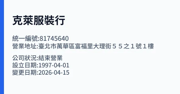 克萊服裝行的照片-統編 81745640(臺北市) 公司登記資料與營業項目詳細圖表