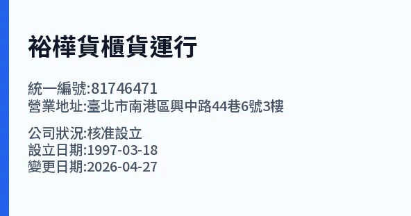裕樺貨櫃貨運行的照片-統編 81746471(臺北市) 公司登記資料與營業項目詳細圖表