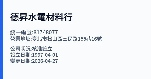 德昇水電材料行的照片-統編 81748077(臺北市) 公司登記資料與營業項目詳細圖表