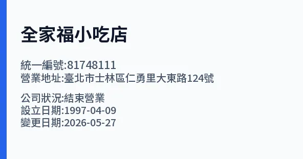 全家福小吃店的照片-統編 81748111(臺北市) 公司登記資料與營業項目詳細圖表