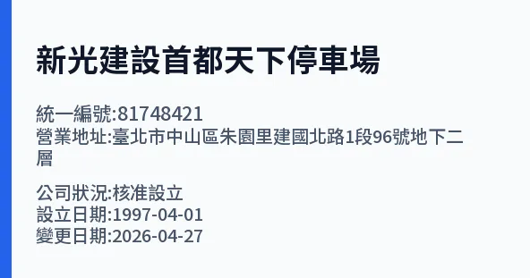 新光建設首都天下停車場的照片-統編 81748421(臺北市) 公司登記資料與營業項目詳細圖表