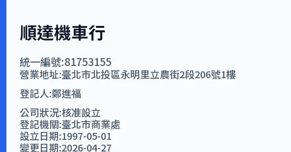 順達機車行的照片-統編 81753155(臺北市) 公司登記資料與營業項目詳細圖表