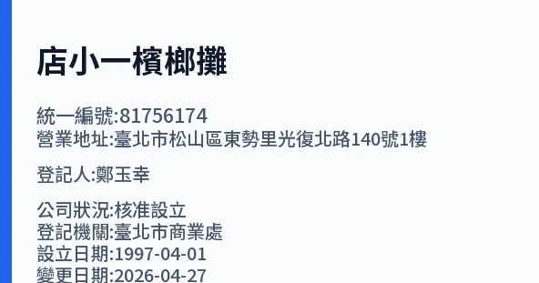 店小一檳榔攤的照片-統編 81756174(臺北市) 公司登記資料與營業項目詳細圖表