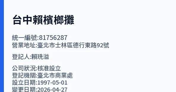 台中賴檳榔攤的照片-統編 81756287(臺北市) 公司登記資料與營業項目詳細圖表