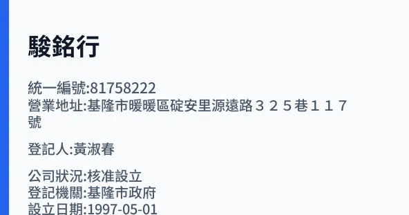 駿銘行的照片-統編 81758222(基隆市) 公司登記資料與營業項目詳細圖表
