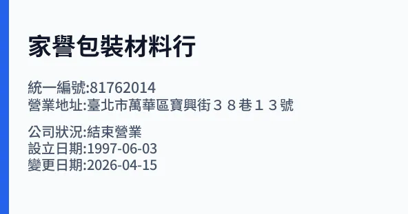 家譽包裝材料行的照片-統編 81762014(臺北市) 公司登記資料與營業項目詳細圖表