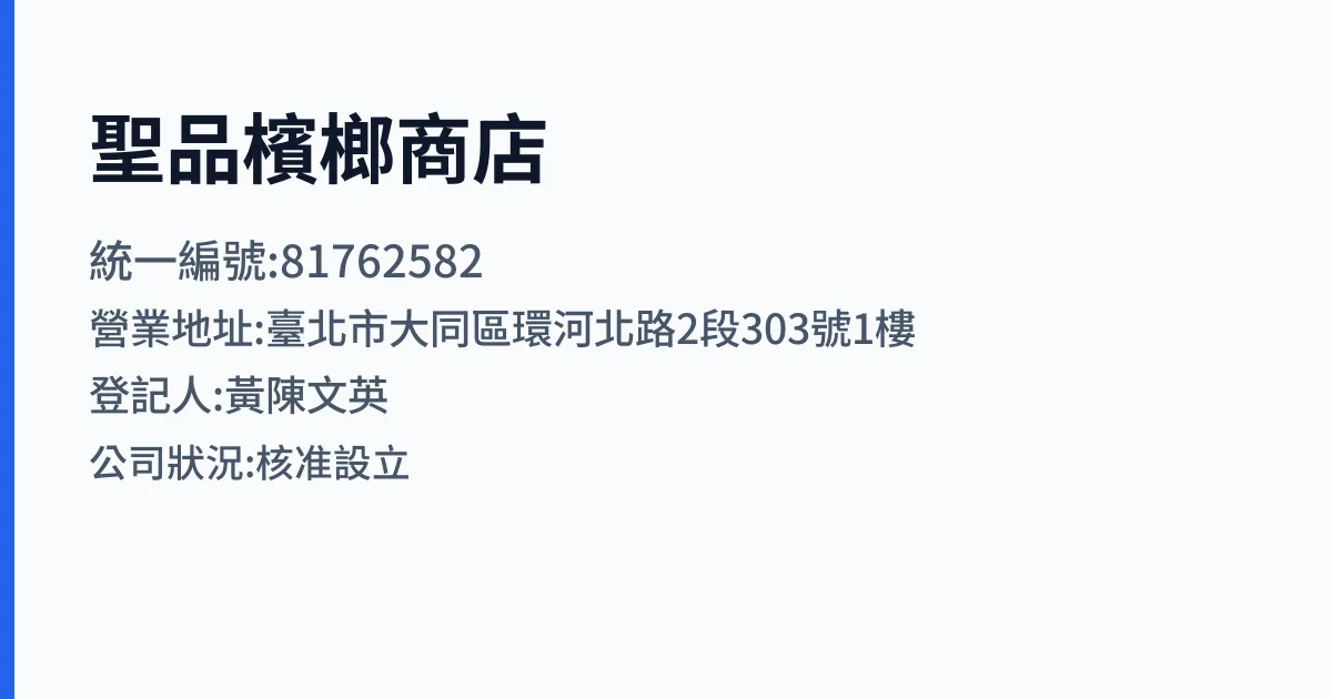 聖品檳榔商店 - 統編 81762582(臺北市) 公司登記資料與營業項目詳細圖表