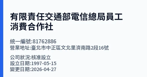 有限責任交通部電信總局員工消費合作社的照片-統編 81762886(臺北市) 公司登記資料與營業項目詳細圖表