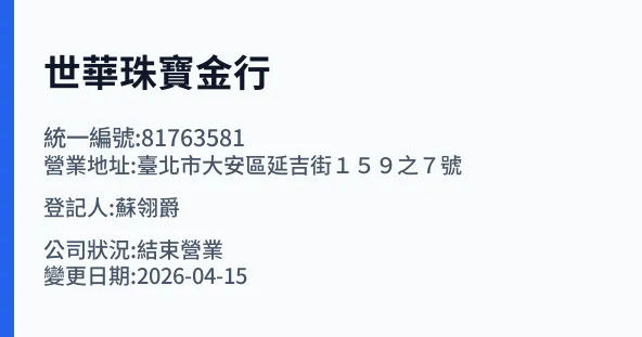 世華珠寶金行的照片-統編 81763581(臺北市) 公司登記資料與營業項目詳細圖表
