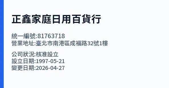 正鑫家庭日用百貨行的照片-統編 81763718(臺北市) 公司登記資料與營業項目詳細圖表