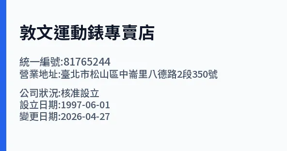 敦文運動錶專賣店的照片-統編 81765244(臺北市) 公司登記資料與營業項目詳細圖表