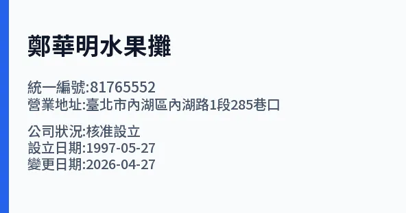 鄭華明水果攤的照片-統編 81765552(臺北市) 公司登記資料與營業項目詳細圖表