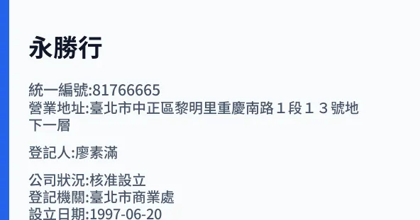 永勝行的照片-統編 81766665(臺北市) 公司登記資料與營業項目詳細圖表
