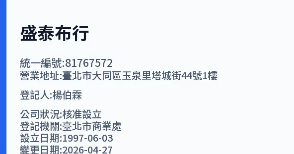 盛泰布行的照片-統編 81767572(臺北市) 公司登記資料與營業項目詳細圖表
