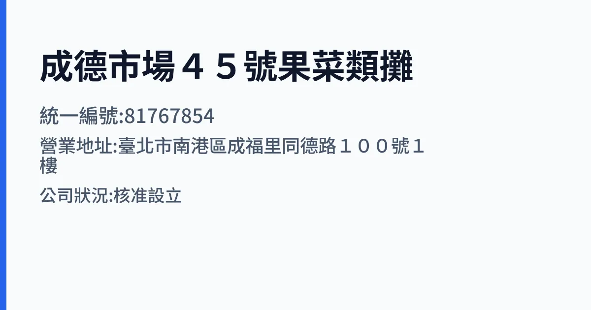 成德市場45號果菜類攤 - 統編 81767854(臺北市) 公司登記資料與營業項目詳細圖表