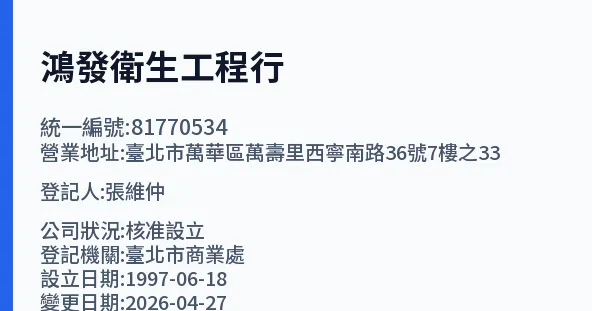 鴻發衛生工程行的照片-統編 81770534(臺北市) 公司登記資料與營業項目詳細圖表