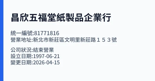 昌欣五福堂紙製品企業行的照片-統編 81771816(新北市) 公司登記資料與營業項目詳細圖表