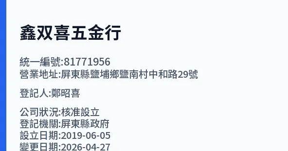 鑫双喜五金行的照片-統編 81771956(屏東縣) 公司登記資料與營業項目詳細圖表
