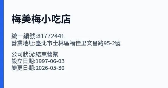 梅美梅小吃店的照片-統編 81772441(臺北市) 公司登記資料與營業項目詳細圖表
