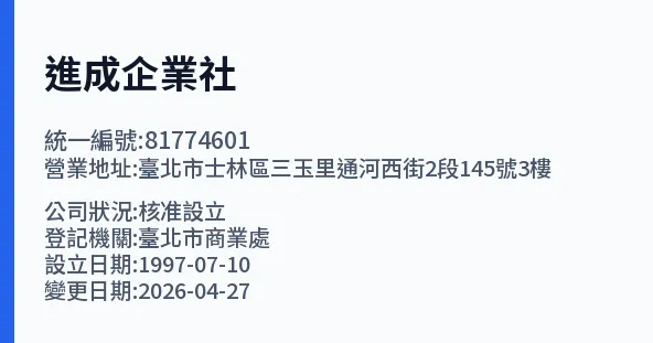 進成企業社的照片-統編 81774601(臺北市) 公司登記資料與營業項目詳細圖表