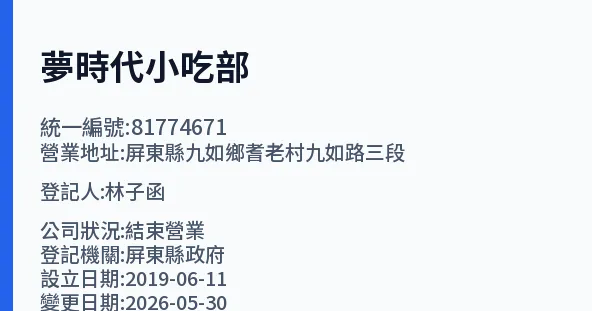夢時代小吃部的照片-統編 81774671(屏東縣) 公司登記資料與營業項目詳細圖表
