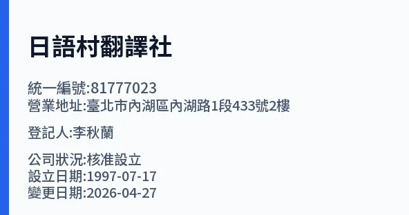 日語村翻譯社的照片-統編 81777023(臺北市) 公司登記資料與營業項目詳細圖表