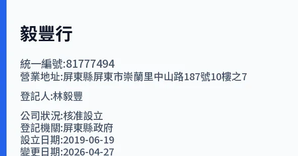 毅豐行的照片-統編 81777494(屏東縣) 公司登記資料與營業項目詳細圖表