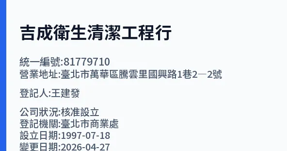 吉成衛生清潔工程行的照片-統編 81779710(臺北市) 公司登記資料與營業項目詳細圖表