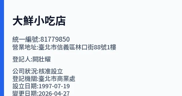 大鮮小吃店的照片-統編 81779850(臺北市) 公司登記資料與營業項目詳細圖表