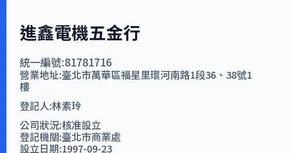 進鑫電機五金行的照片-統編 81781716(臺北市) 公司登記資料與營業項目詳細圖表