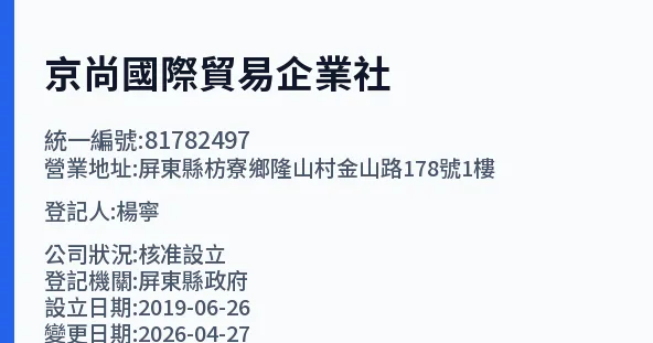 京尚國際貿易企業社的照片-統編 81782497(屏東縣) 公司登記資料與營業項目詳細圖表