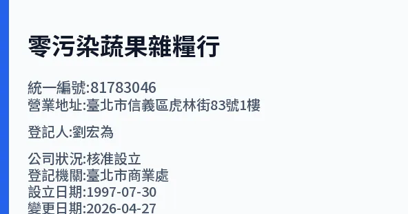零污染蔬果雜糧行的照片-統編 81783046(臺北市) 公司登記資料與營業項目詳細圖表