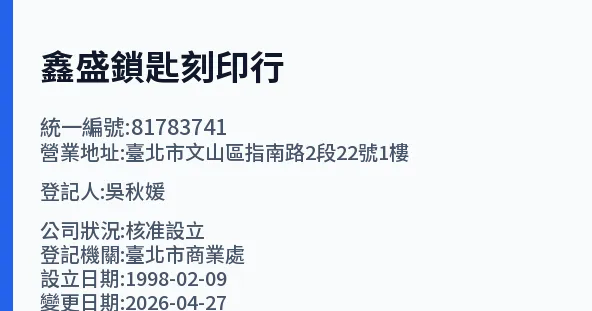 鑫盛鎖匙刻印行的照片-統編 81783741(臺北市) 公司登記資料與營業項目詳細圖表