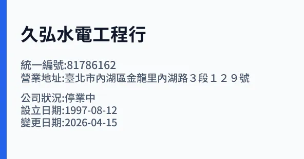 久弘水電工程行的照片-統編 81786162(臺北市) 公司登記資料與營業項目詳細圖表