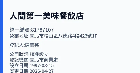 人間第一美味餐飲店的照片-統編 81787107(臺北市) 公司登記資料與營業項目詳細圖表