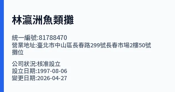 林瀛洲魚類攤的照片-統編 81788470(臺北市) 公司登記資料與營業項目詳細圖表