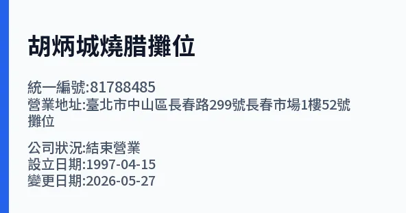 胡炳城燒腊攤位的照片-統編 81788485(臺北市) 公司登記資料與營業項目詳細圖表
