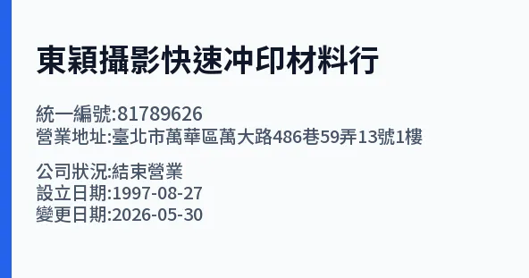 東穎攝影快速冲印材料行的照片-統編 81789626(臺北市) 公司登記資料與營業項目詳細圖表