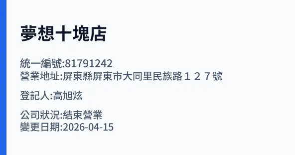 夢想十塊店的照片-統編 81791242(屏東縣) 公司登記資料與營業項目詳細圖表