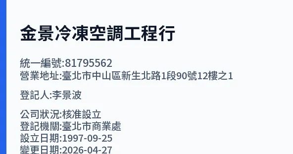 金景冷凍空調工程行的照片-統編 81795562(臺北市) 公司登記資料與營業項目詳細圖表