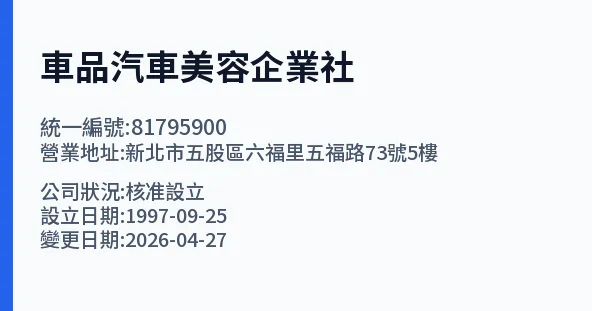 車品汽車美容企業社的照片-統編 81795900(新北市) 公司登記資料與營業項目詳細圖表