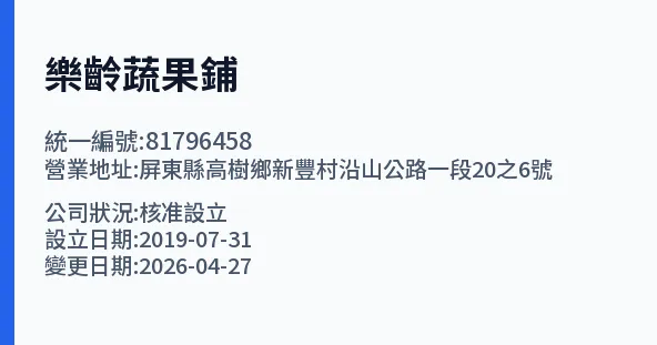 樂齡蔬果鋪的照片-統編 81796458(屏東縣) 公司登記資料與營業項目詳細圖表