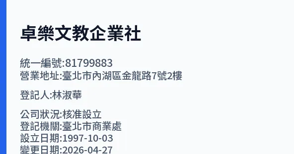 卓樂文教企業社的照片-統編 81799883(臺北市) 公司登記資料與營業項目詳細圖表