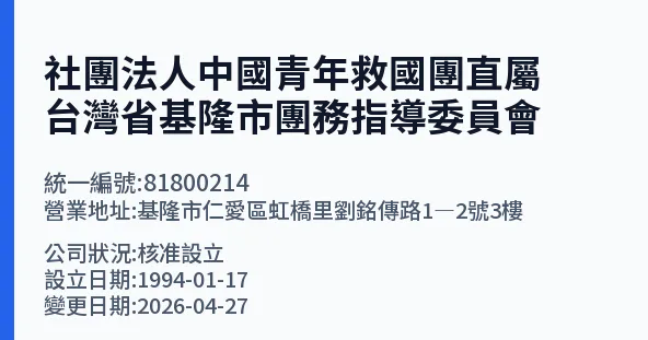 社團法人中國青年救國團直屬台灣省基隆市團務指導委員會的照片-統編 81800214(基隆市) 公司登記資料與營業項目詳細圖表