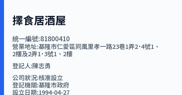 擇食居酒屋的照片-統編 81800410(基隆市) 公司登記資料與營業項目詳細圖表